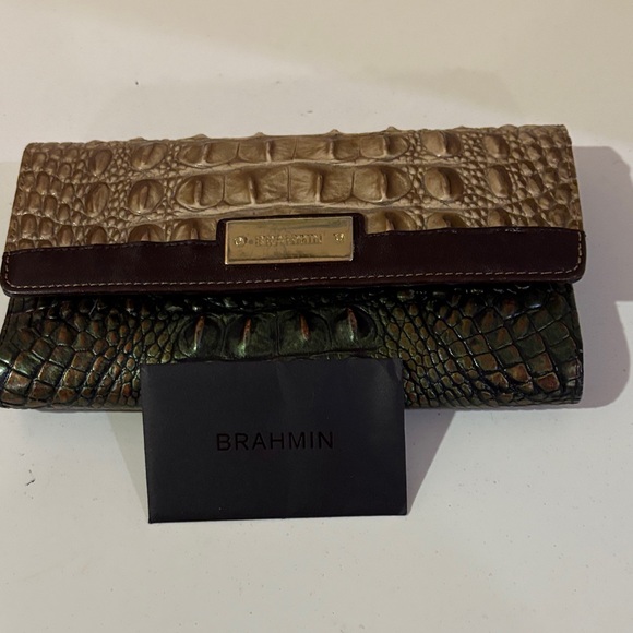 Brahmin | Bags | Brahmin Tan And Emerald Green Crocembossed Clutch ...